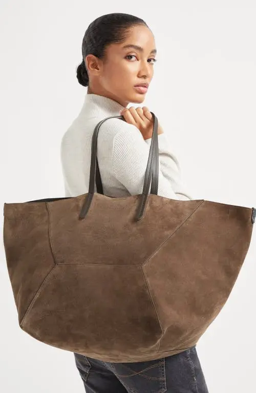 Brunello Cucinelli Large Suede Bc Duo Bag - Bark