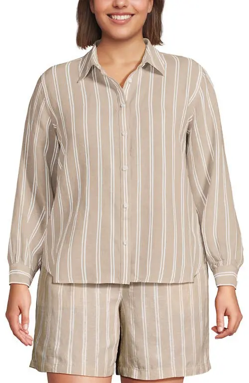 LANDS' END Linen Long Sleeve Shirt - Champagne/white Double Stripe