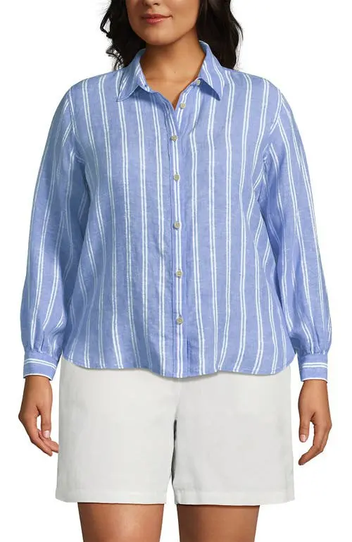 LANDS' END Linen Long Sleeve Shirt - Clear Blue Sky Double Stripe