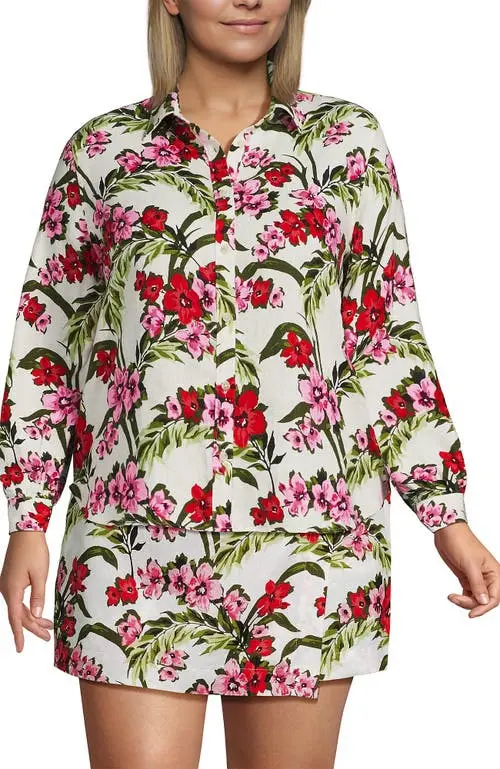 LANDS' END Linen Long Sleeve Shirt - Ivory/pink Multi Floral Tropic
