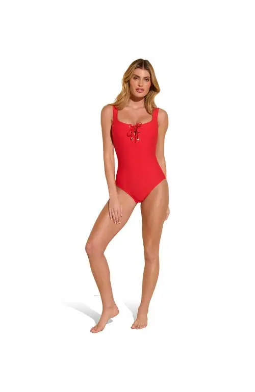 STYLEST Dreamsculpt Lace-up One Piece Swimsuit - Hot Pepper