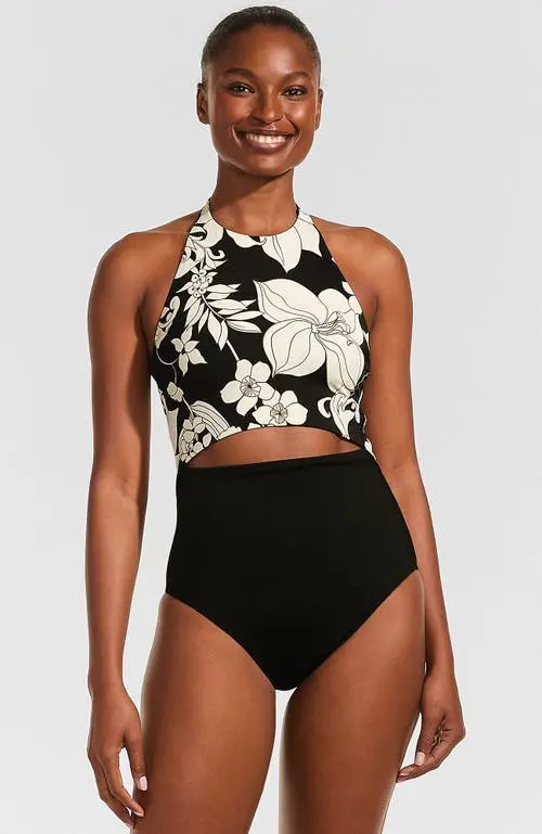 LANDS' END Tugless Halter Monokini High Leg One Piece Swimsuit - Black/egret Lilies