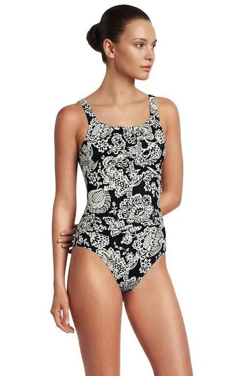 LANDS' END Slendersuit Carmela Underwire One Piece Swimsuit - Floral Medley/black