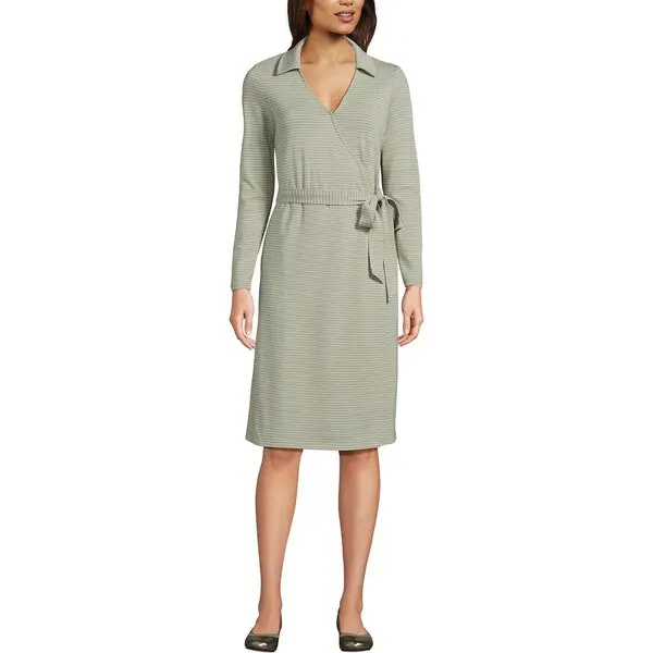 LANDS' END Cotton Modal Collared Wrap Dress - Sage Thin Stripe