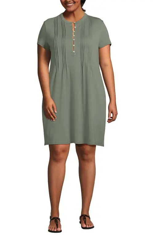 LANDS' END Cotton Modal Pintuck Short Sleeve Dress - Sage