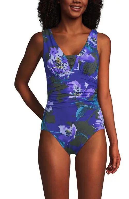 LANDS' END New Slendersuit Grecian Adjustable Low Leg One Piece - Violet Etched Floral