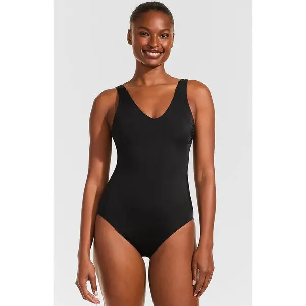 LANDS' END V-neck High Leg One Piece Swimsuit - Black