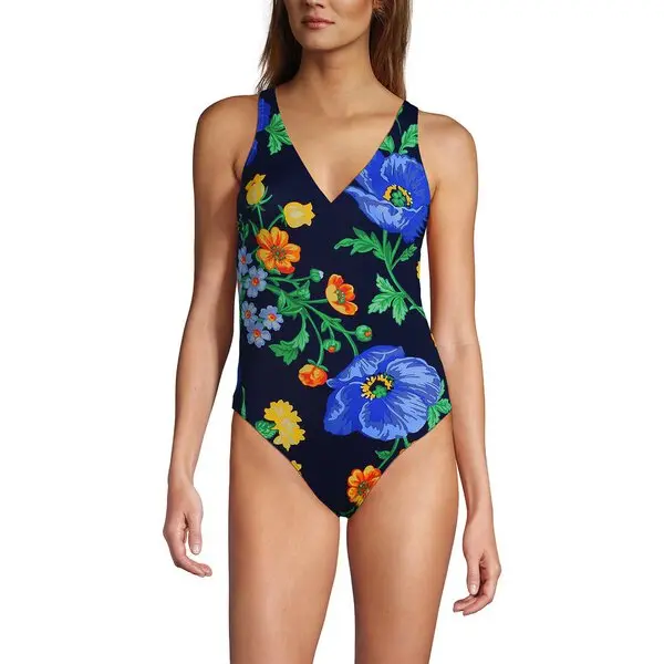 LANDS' END V-neck High Leg One Piece Swimsuit - Navy/exploded Poppy Floral