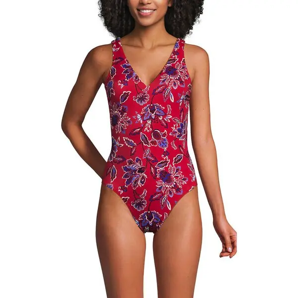 LANDS' END V-neck High Leg One Piece Swimsuit - Strawberry Vintage Floral