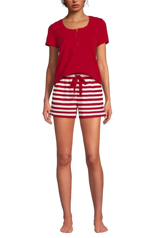 LANDS' END Knit 2 Piece Pajama Setshort Sleeve Top And Shorts - Compass Red/ivory Stripe