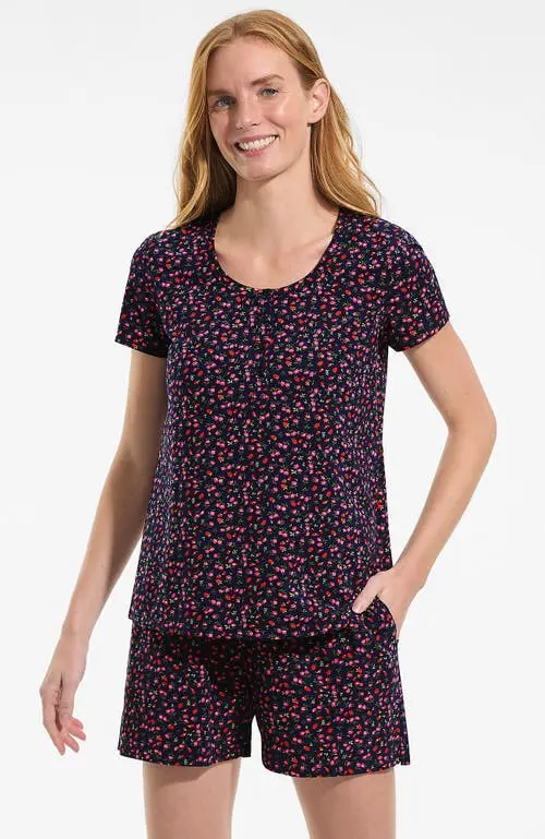 LANDS' END Knit 2 Piece Pajama Setshort Sleeve Top And Shorts - Deep Sea Floral Strawberries