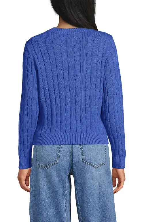 LANDS' END Cotton Cable Drifter Crewneck Sweater - Clear Blue