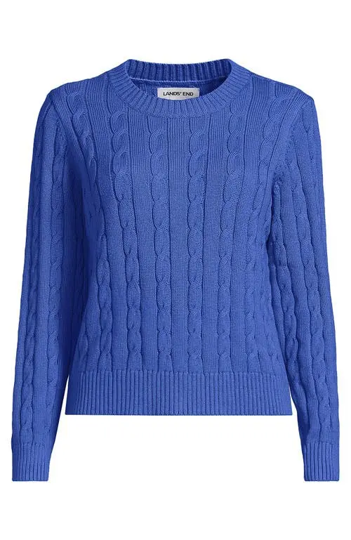 LANDS' END Cotton Cable Drifter Crewneck Sweater - Clear Blue