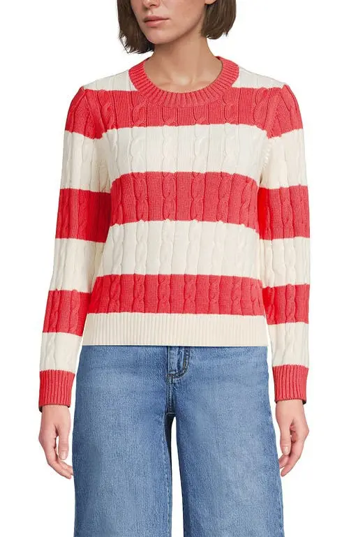 LANDS' END Cotton Cable Drifter Crewneck Sweater - Dusk Sea Coral/ivory Rugby