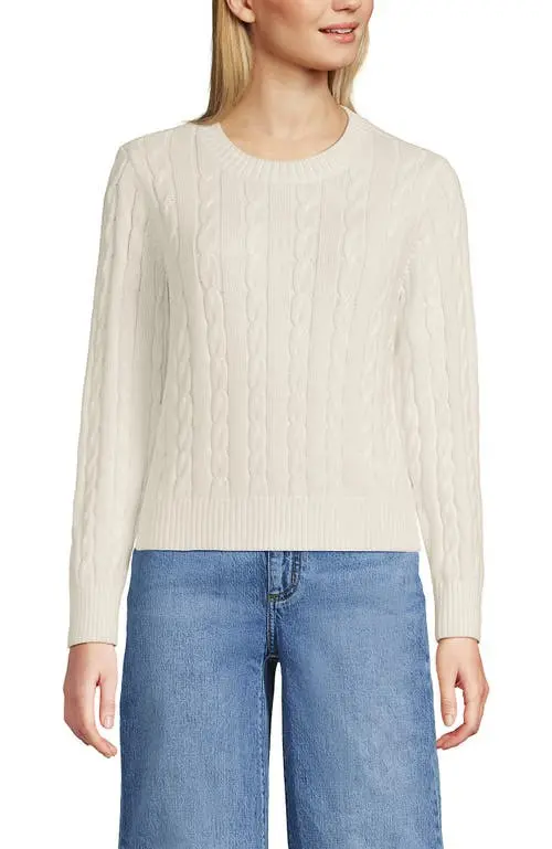 LANDS' END Cotton Cable Drifter Crewneck Sweater - Fresh Ivory