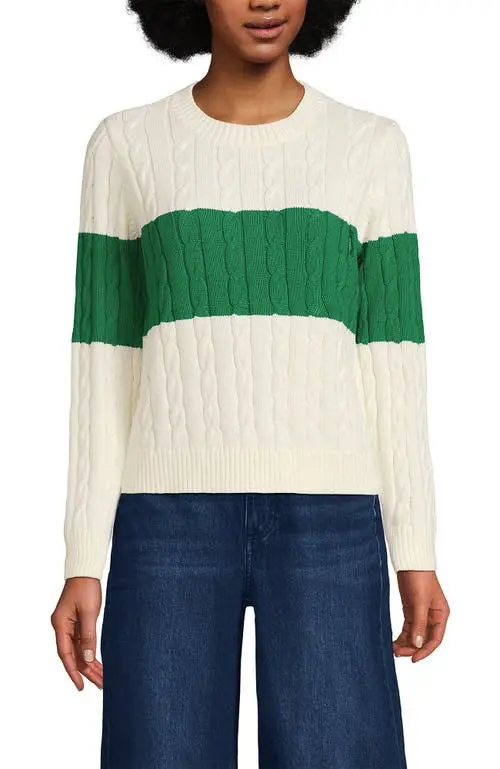 LANDS' END Cotton Cable Drifter Crewneck Sweater - Single Stripe/vibrant Clover