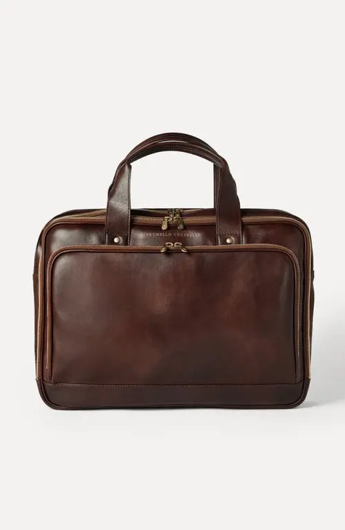 Brunello Cucinelli Calfskin Briefcase With Zipper - Burgundy