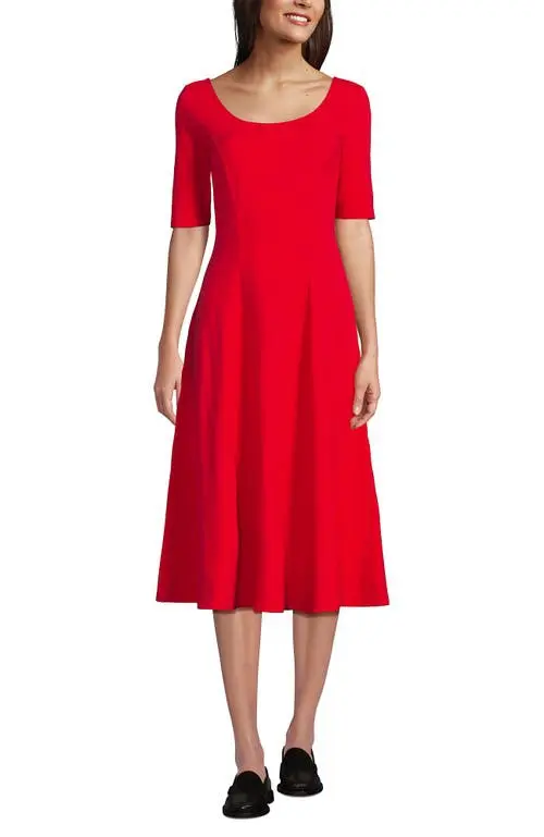 LANDS' END Starfish Elbow Sleeve Midi Fit And Flare Dress - Compass Red