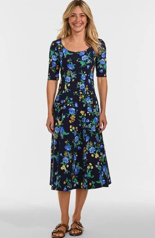 LANDS' END Starfish Elbow Sleeve Midi Fit And Flare Dress - Deep Sea Poppy Floral