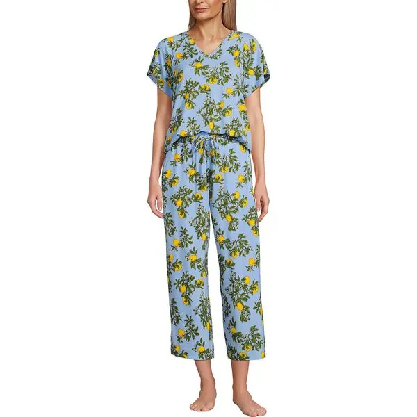 LANDS' END Cooling Pajama Setshort Sleeve Top And Crop Pants - Misty Blue Large Citrus Print
