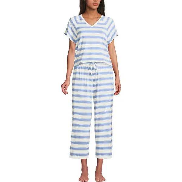 LANDS' END Cooling Pajama Setshort Sleeve Top And Crop Pants - Misty Blue Stripe
