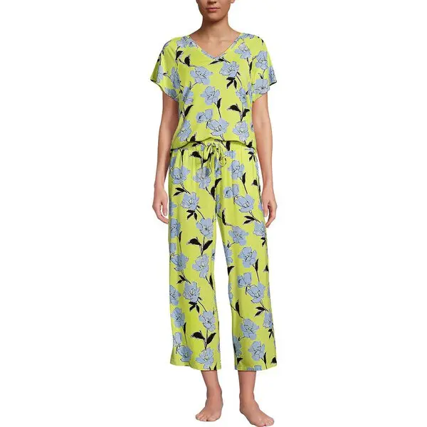 LANDS' END Cooling Pajama Setshort Sleeve Top And Crop Pants - Soft Lemoncello Etched Floral