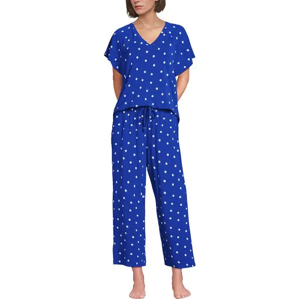 LANDS' END Cooling Pajama Setshort Sleeve Top And Crop Pants - Vibrant Lapis Dot