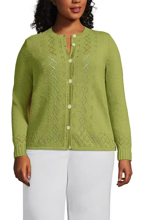 LANDS' END Pointelle Crew Neck Cardigan Sweater - Bright Pistachio