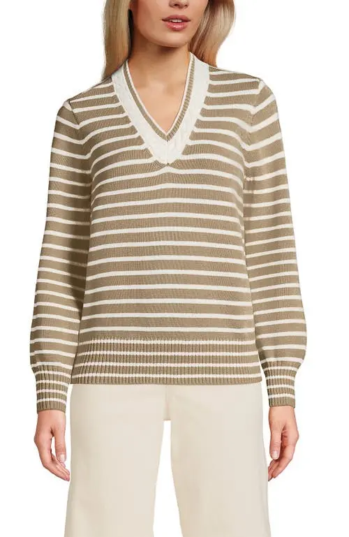 LANDS' END Cotton V-neck Sweater - Champagne/ivory Mini Stripe