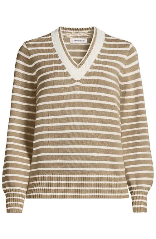 LANDS' END Cotton V-neck Sweater - Champagne/ivory Mini Stripe