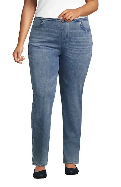 LANDS' END Starfish High Rise Knit Denim Straight Jeans - Light Brook