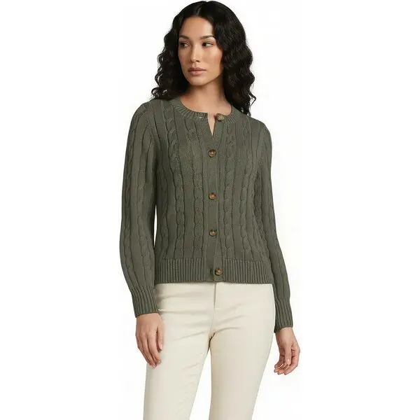 LANDS' END Drifter Classic Cable Crew Neck Cardigan - Forest Moss