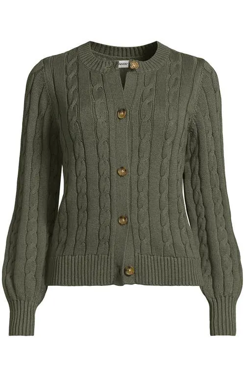 LANDS' END Drifter Classic Cable Crew Neck Cardigan - Forest Moss
