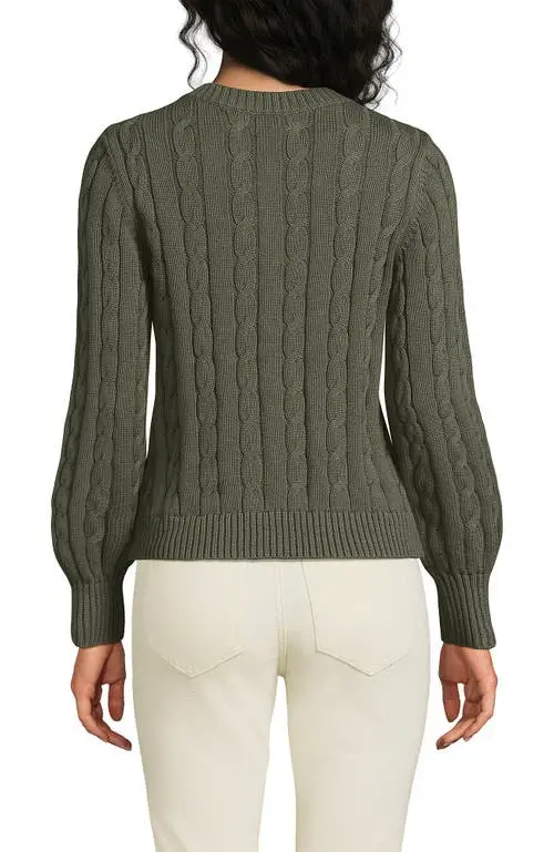 LANDS' END Drifter Classic Cable Crew Neck Cardigan - Forest Moss