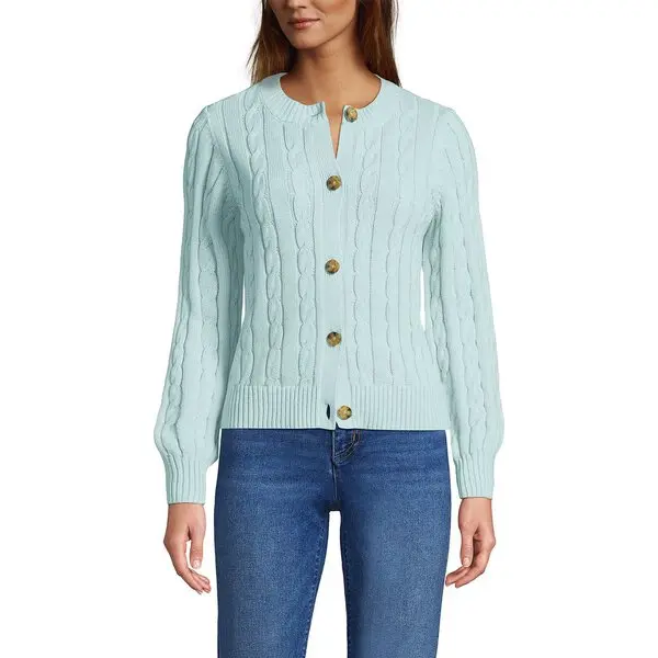 LANDS' END Drifter Classic Cable Crew Neck Cardigan - Pale Sky