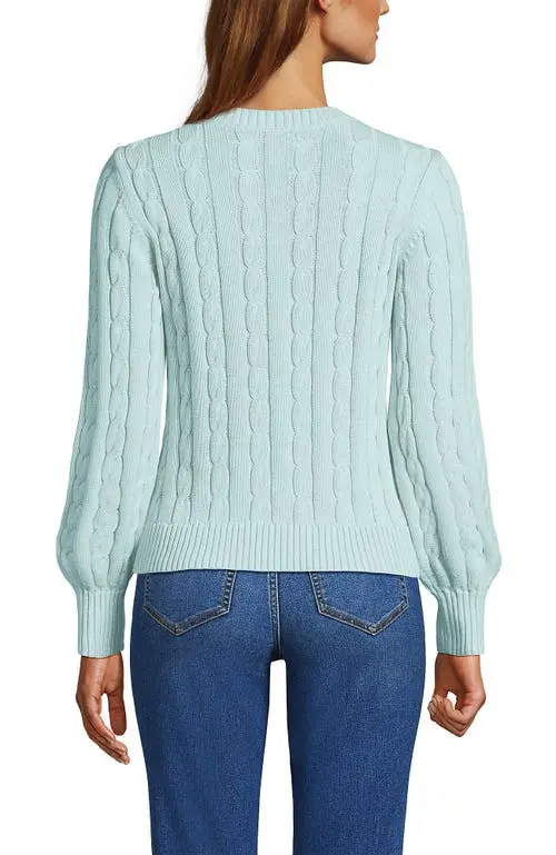 LANDS' END Drifter Classic Cable Crew Neck Cardigan - Pale Sky