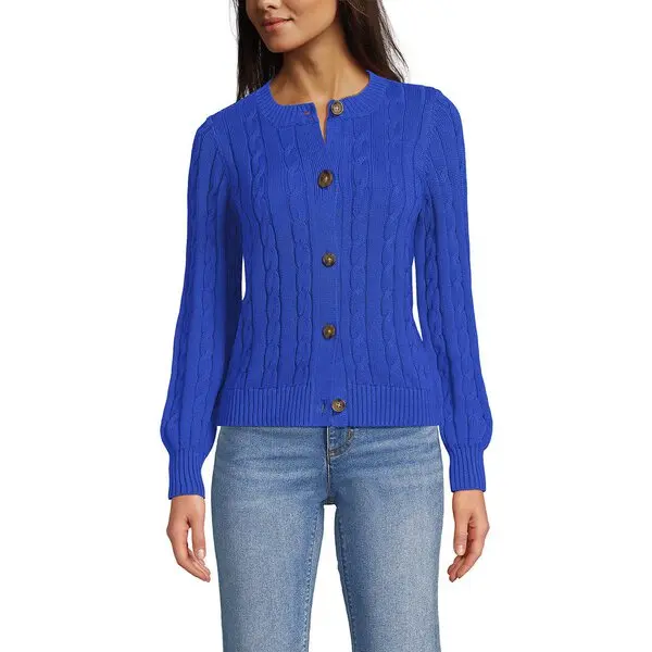 LANDS' END Drifter Classic Cable Crew Neck Cardigan Sweater - Vibrant Lapis