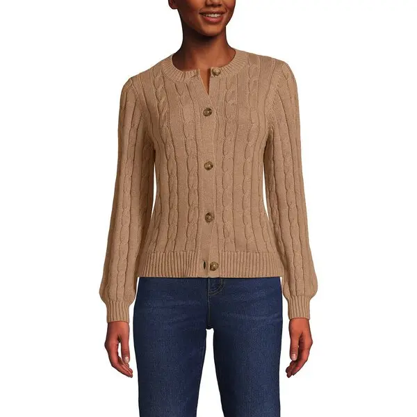 LANDS' END Drifter Classic Cable Crew Neck Cardigan Sweater - Vicuna Heather