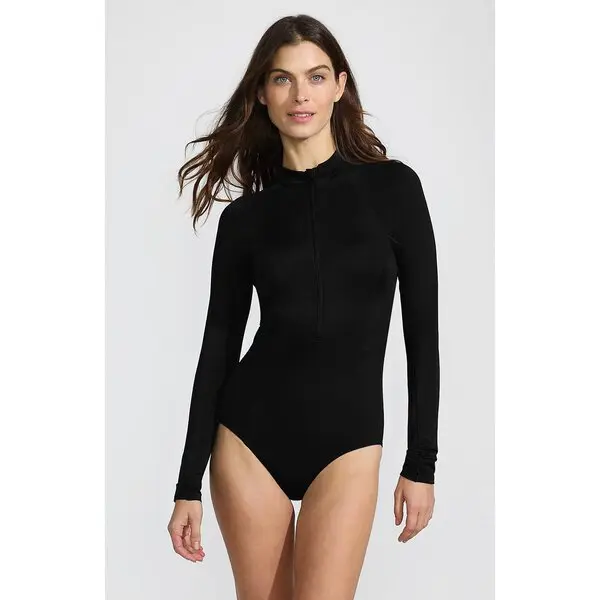 LANDS' END Dd-cup Tugless Long Sleeve Rash Guard One Piece Swimsuit - Black