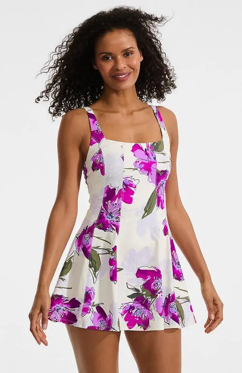 LANDS' END Square Neck Corset Seamed Swim Dress - Egret/berry Etched Floral