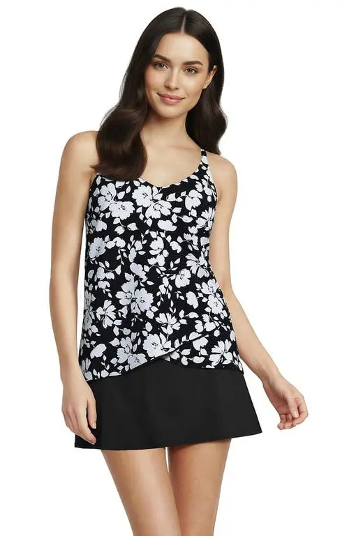 LANDS' END Dd-cup Tulip Hem Tankini Top - Black Blossom Floral