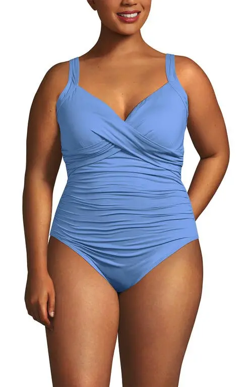 LANDS' END Sweetheart Underwire Wrap One Piece Swimsuit - Lake Blue