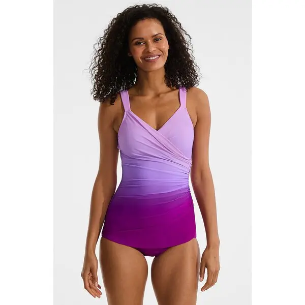 LANDS' END Slendersuit V-neck Skirted Low Leg One Piece - Crimson Rose/purple Ombre