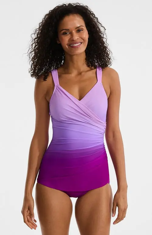 LANDS' END Slendersuits V-neck Skirted One-piece Swimsuit - Crimson Rose/purple Ombre