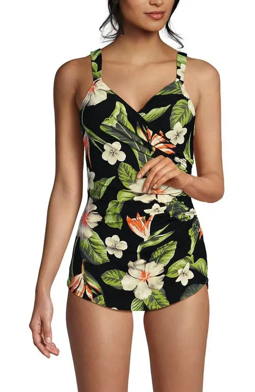 LANDS' END Slendersuits V-neck Skirted One-piece Swimsuit - Hibiscus Floral/black