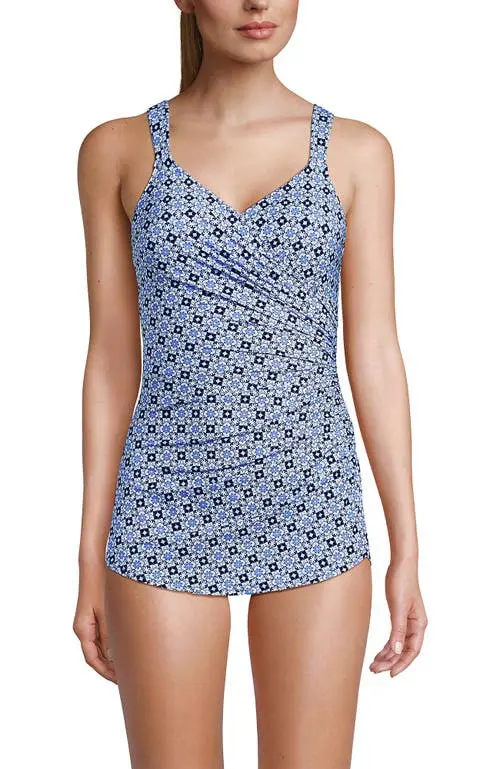 LANDS' END Slendersuits V-neck Skirted One-piece Swimsuit - Lake Blue Geo Floral