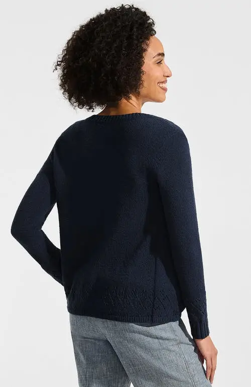 LANDS' END Pointelle Crew Neck Cardigan - Radiant Navy