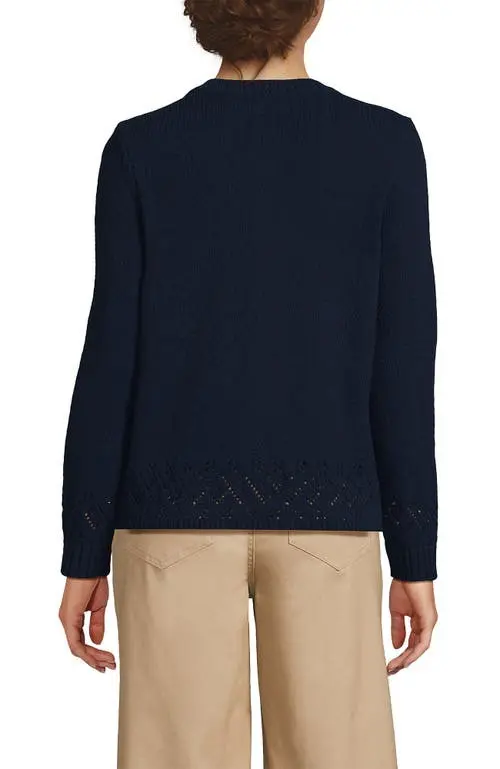 LANDS' END Pointelle Crew Neck Cardigan - Radiant Navy