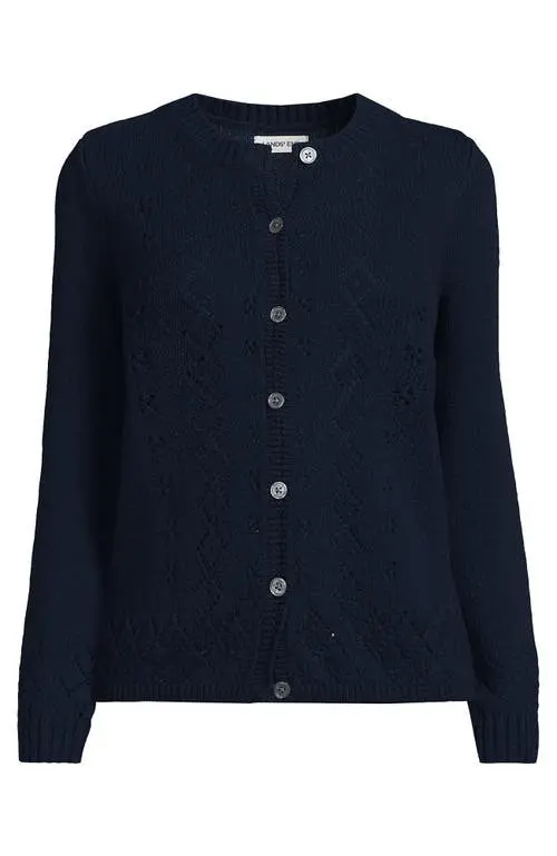 LANDS' END Pointelle Crew Neck Cardigan - Radiant Navy