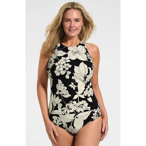 LANDS' END Dd-cup Tugless High Neck Strappy Back Tankini Swimsuit Top - Black/egret Lilies